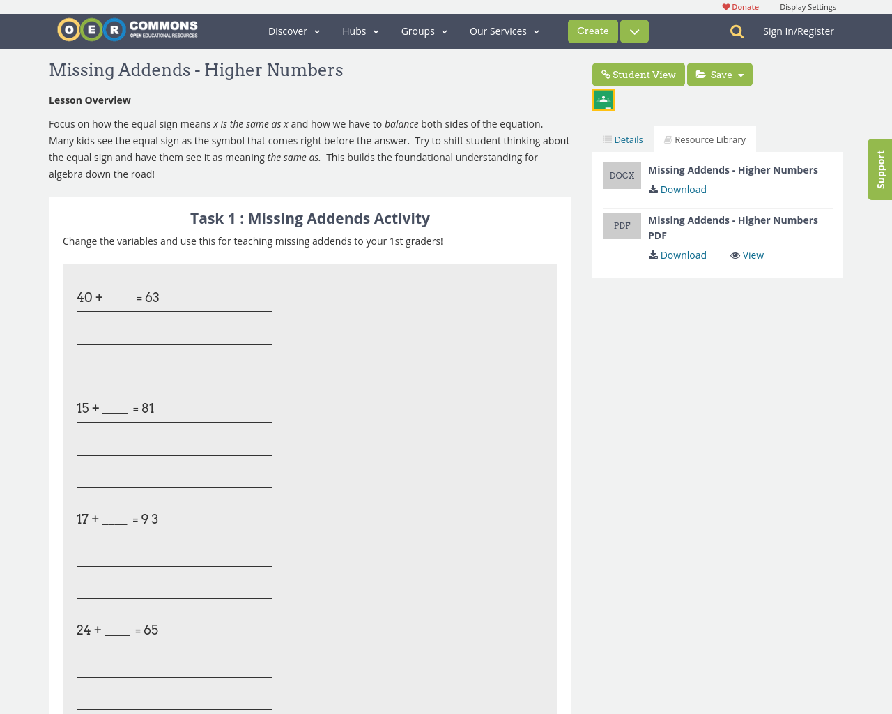 Missing Addends - Higher Numbers | OER Commons