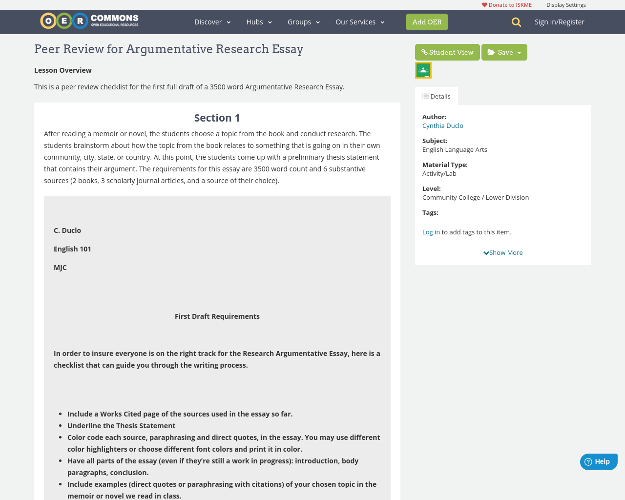 Peer Review for Argumentative Research Essay | OER Commons