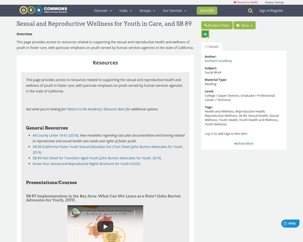 Sexual and Reproductive Wellness for Youth in Care, and SB 89 | OER Commons