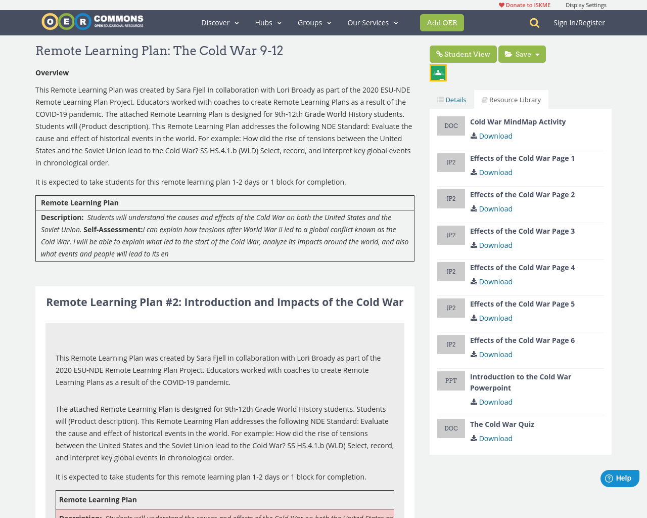 Remote Learning Plan: The Cold War 9-12 | OER Commons