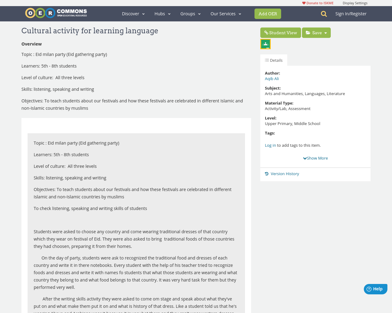 Cultural activity for learning language | OER Commons