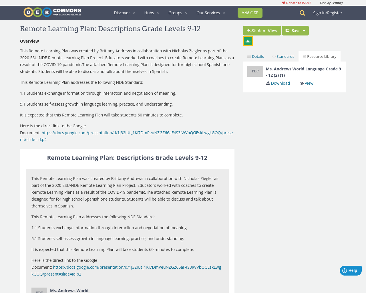 Remote Learning Plan: Descriptions Grade Levels 9-12 | OER Commons