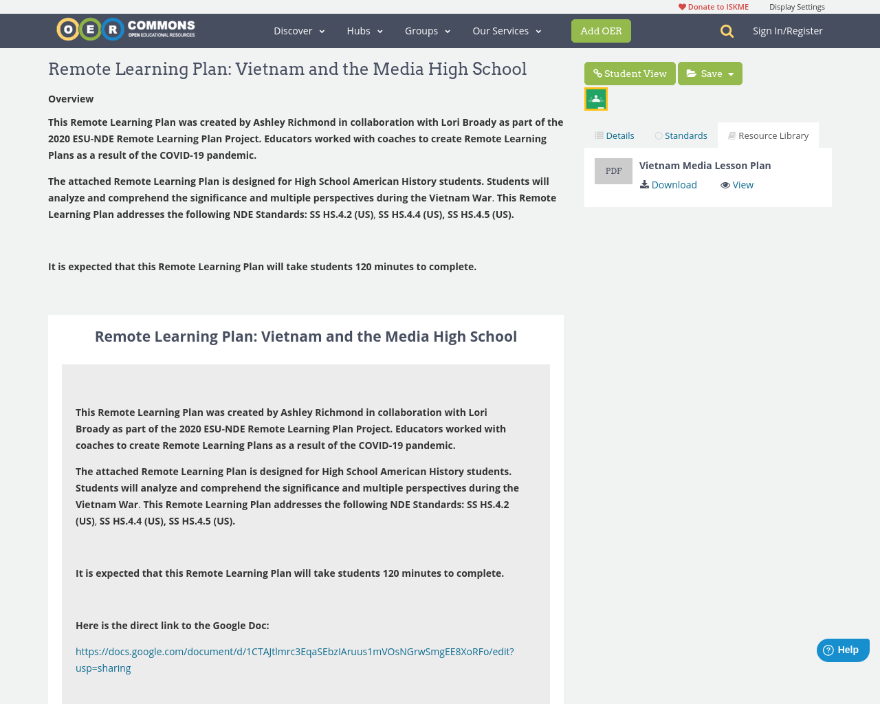 Remote Learning Plan: Vietnam and the Media High School | OER Commons
