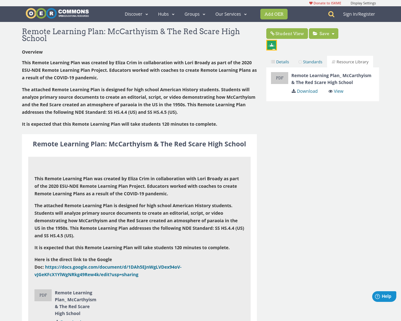 Remote Learning Plan: McCarthyism & The Red Scare High School | OER Commons