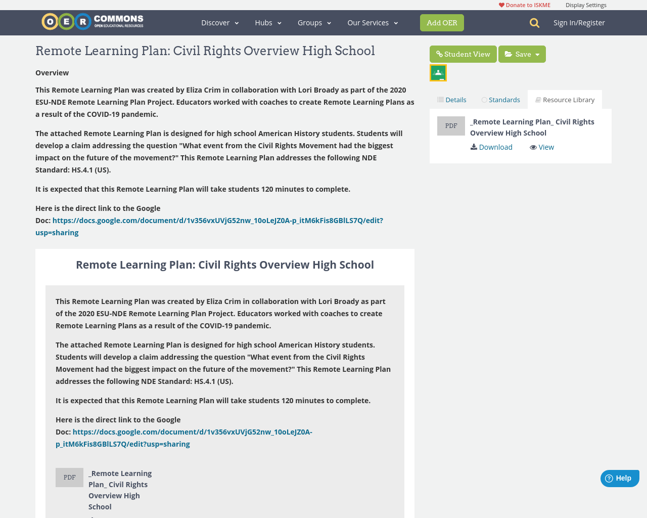 Remote Learning Plan: Civil Rights Overview High School | OER Commons