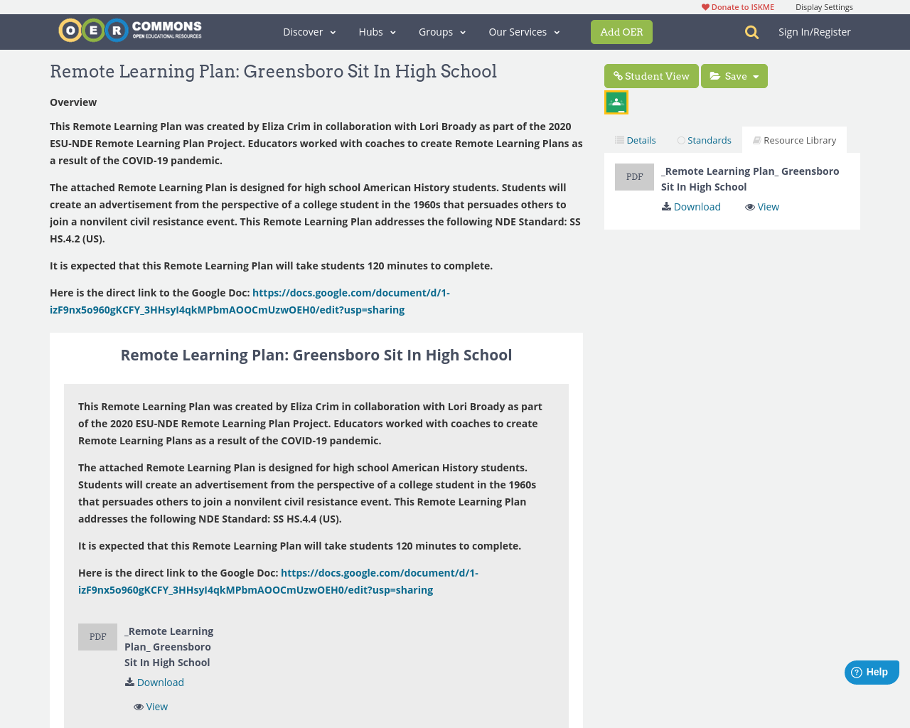 Remote Learning Plan: Greensboro Sit In High School | OER Commons