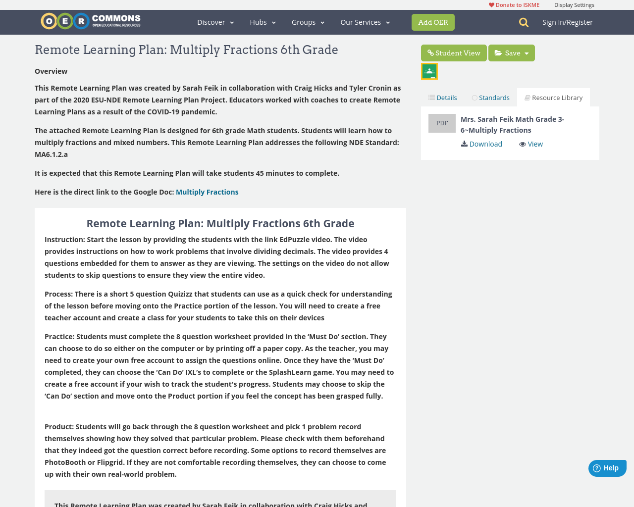 Remote Learning Plan: Multiply Fractions 6th Grade | OER Commons