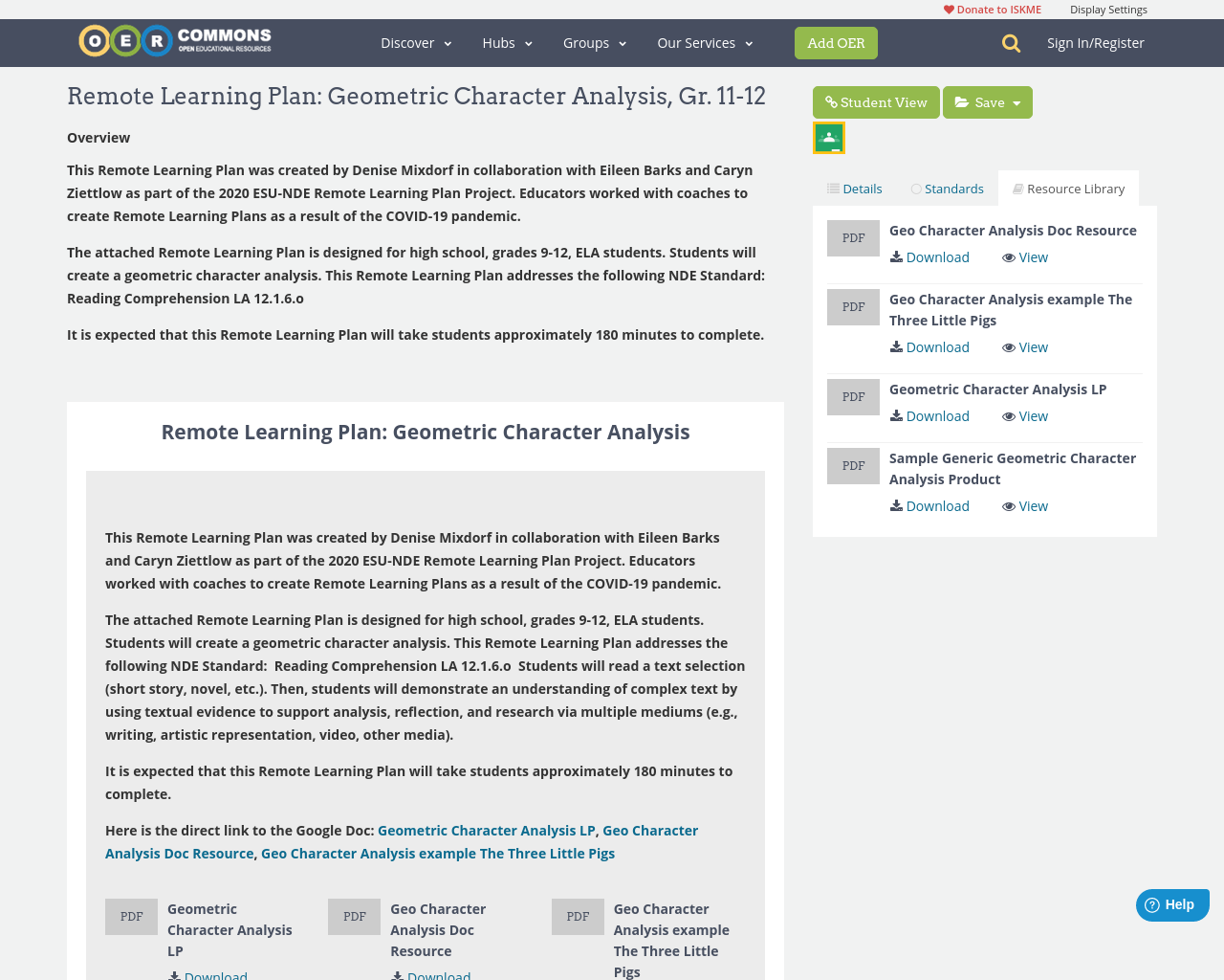 Remote Learning Plan: Geometric Character Analysis, Gr. 11-12 | OER Commons