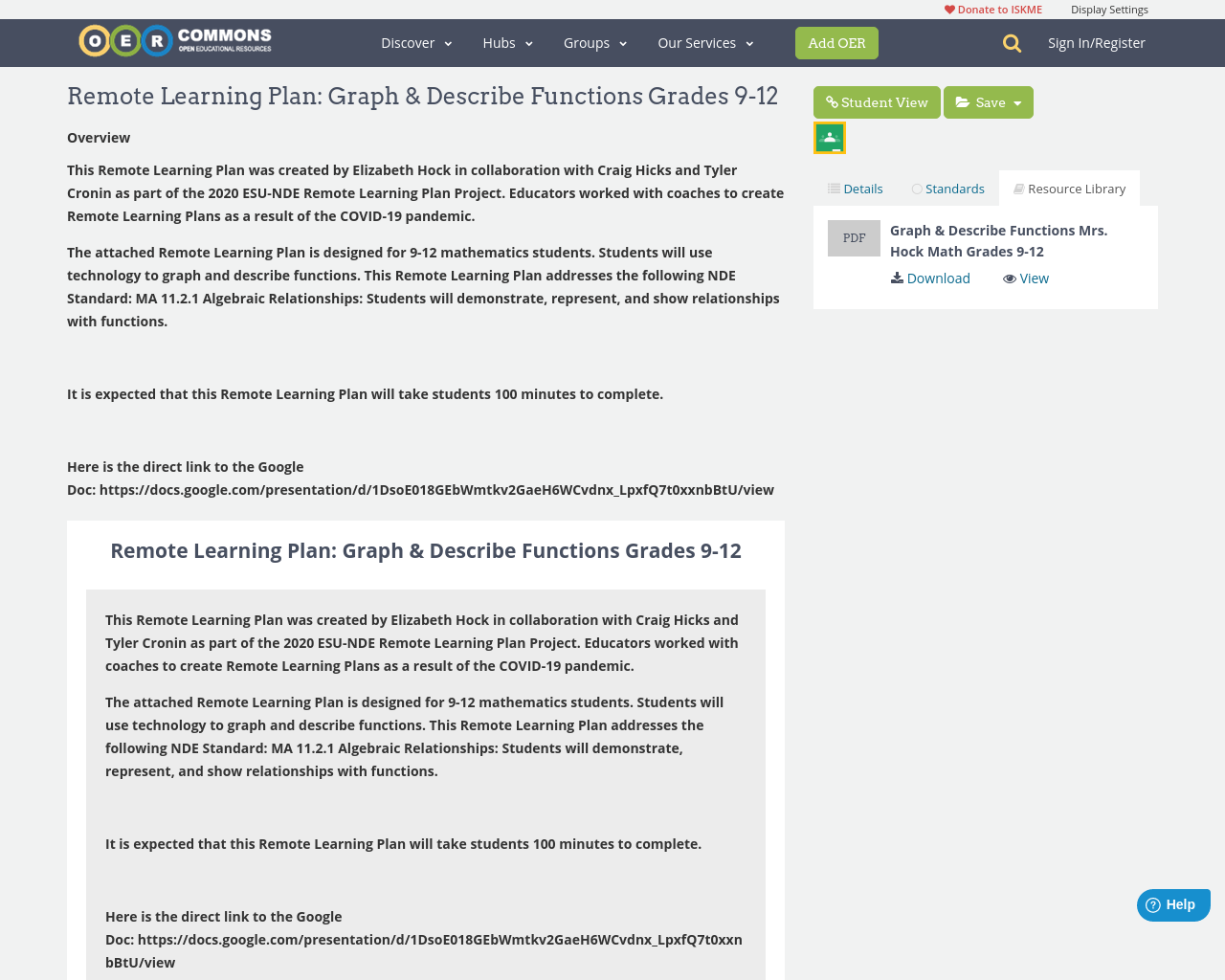 Remote Learning Plan: Graph & Describe Functions Grades 9-12 | OER Commons