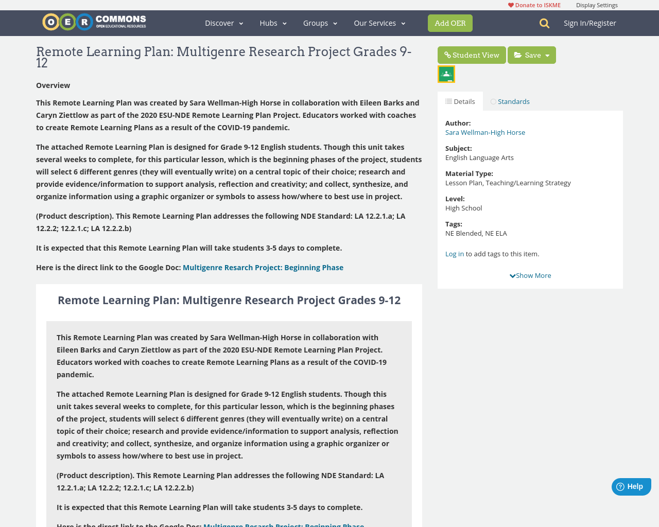 Remote Learning Plan: Multigenre Research Project Grades 9-12 | OER Commons