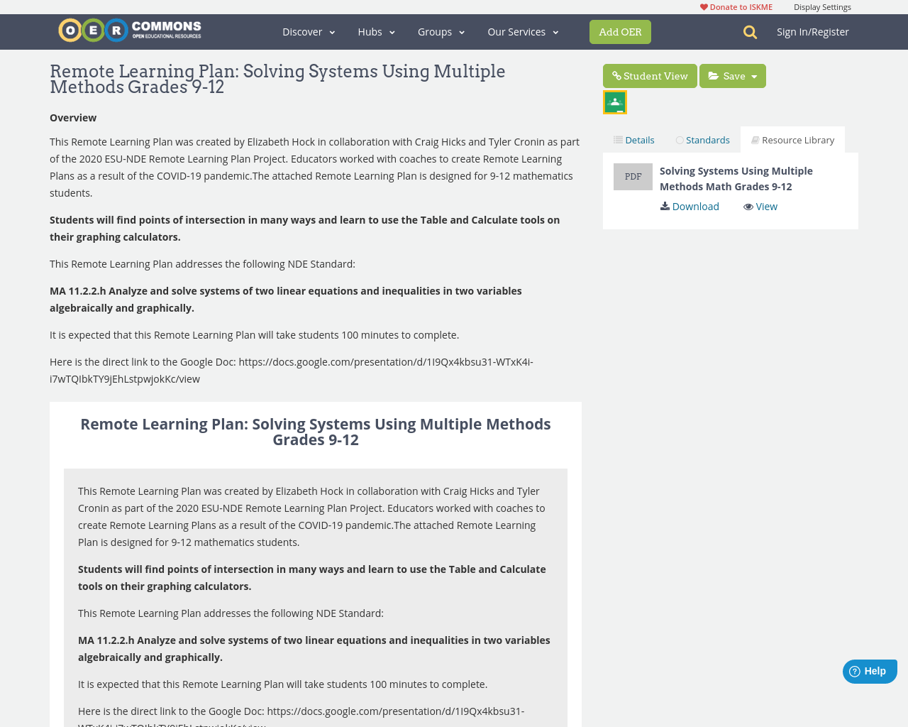Remote Learning Plan: Solving Systems Using Multiple Methods Grades 9 ...