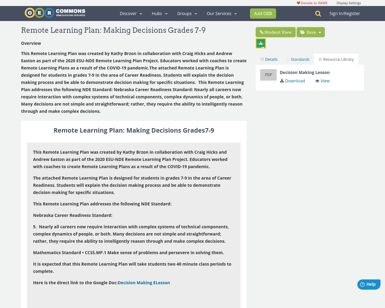 Remote Learning Plan: Making Decisions Grades 7-9 | OER Commons