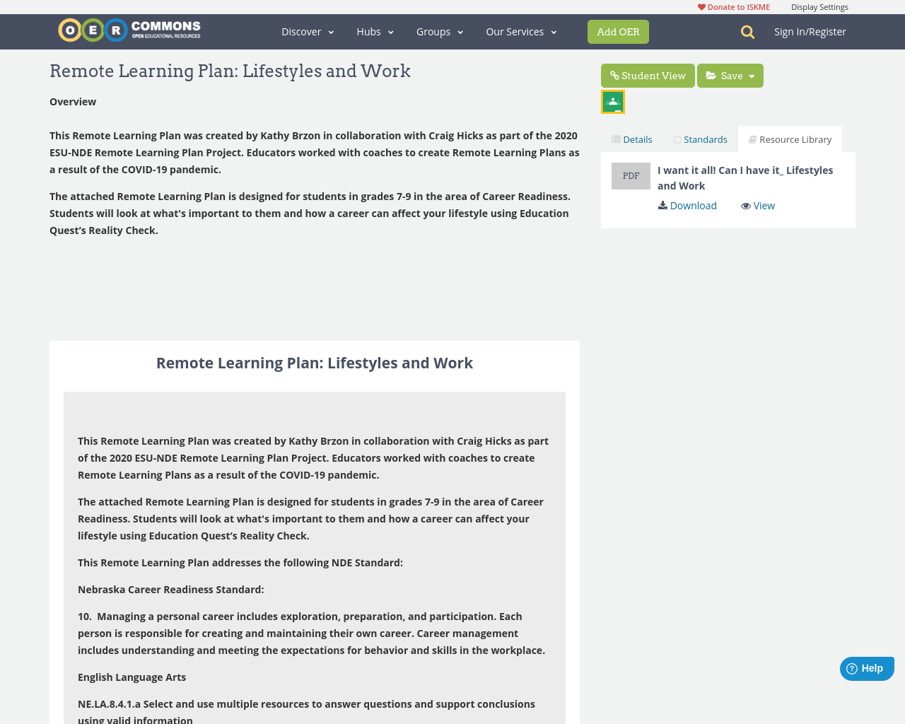 Remote Learning Plan: Lifestyles and Work | OER Commons