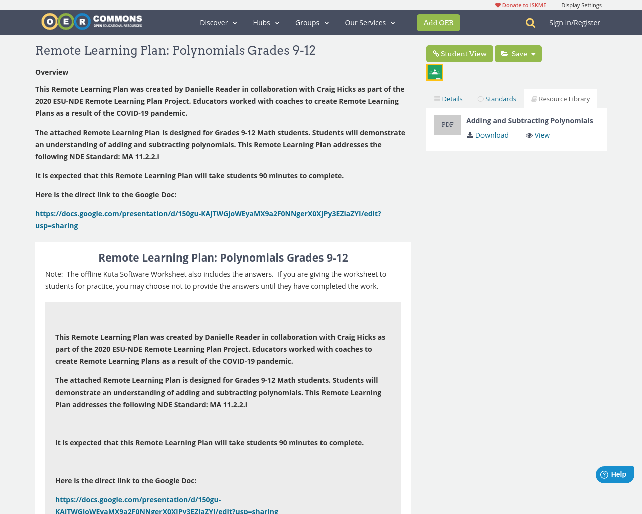 Remote Learning Plan: Polynomials Grades 9-12 | OER Commons