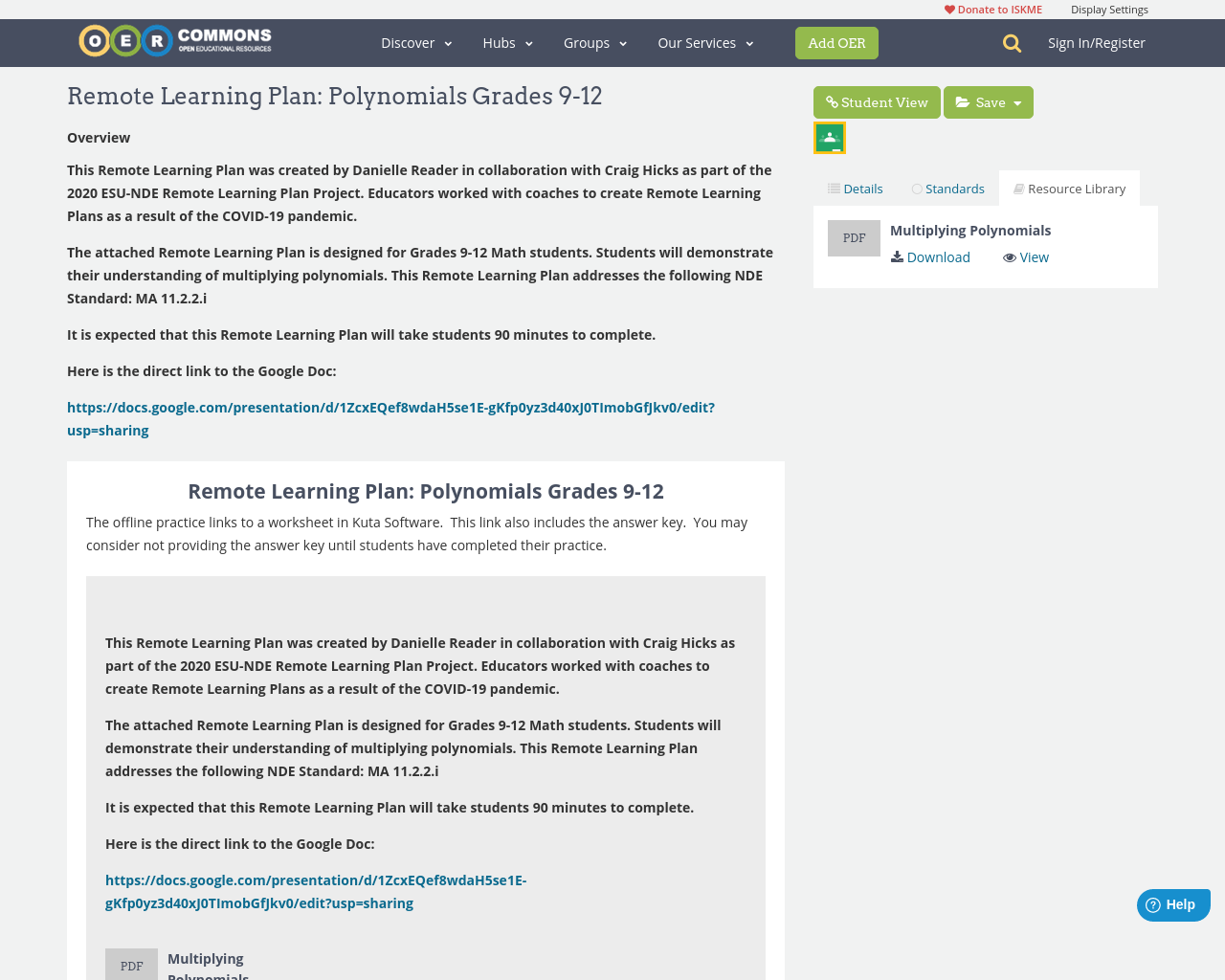 Remote Learning Plan: Polynomials Grades 9-12 | OER Commons
