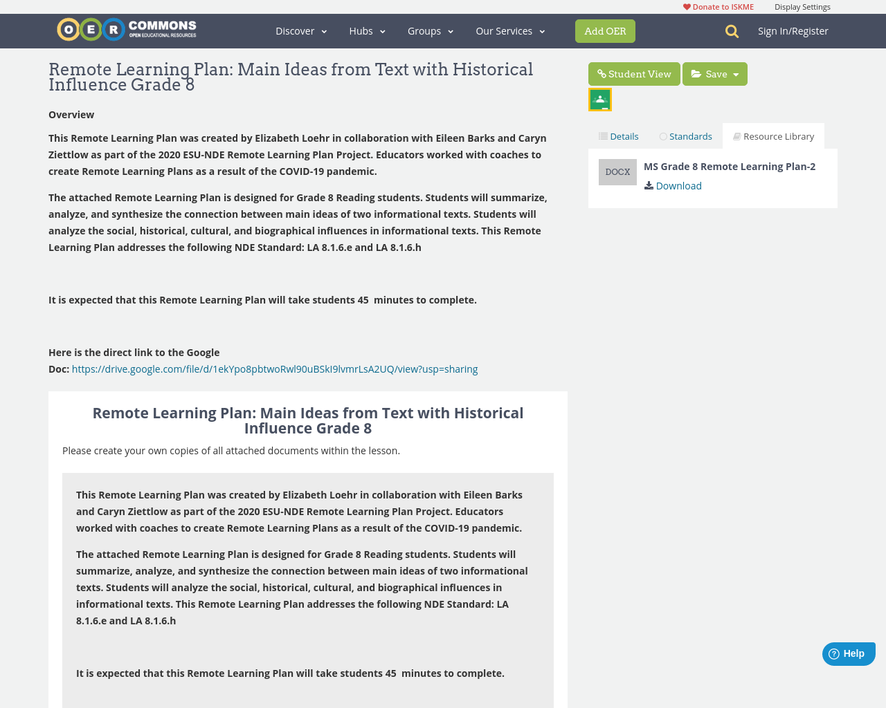 Remote Learning Plan: Main Ideas from Text with Historical Influence ...