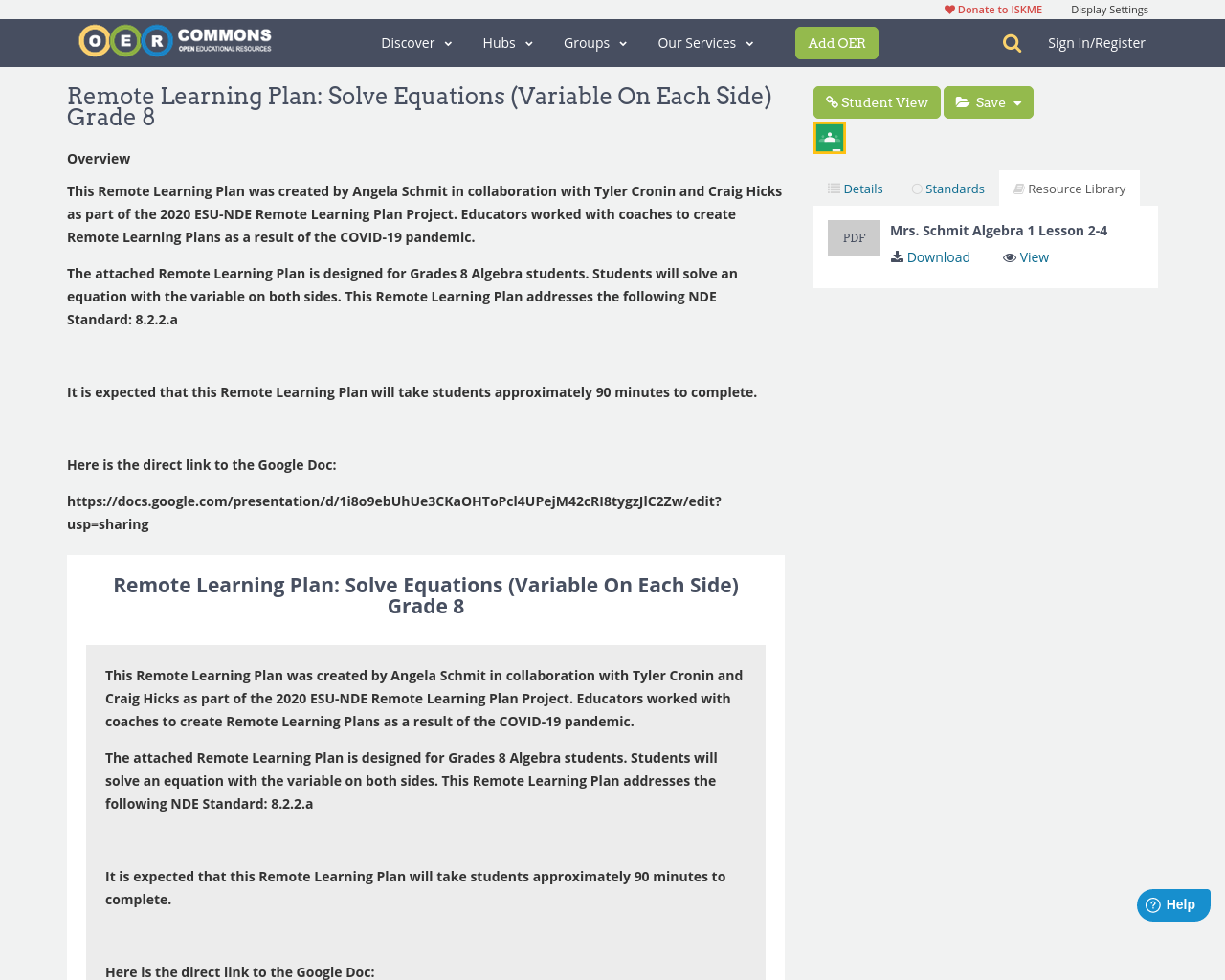 Remote Learning Plan: Solve Equations (Variable On Each Side) Grade 8 | OER Commons