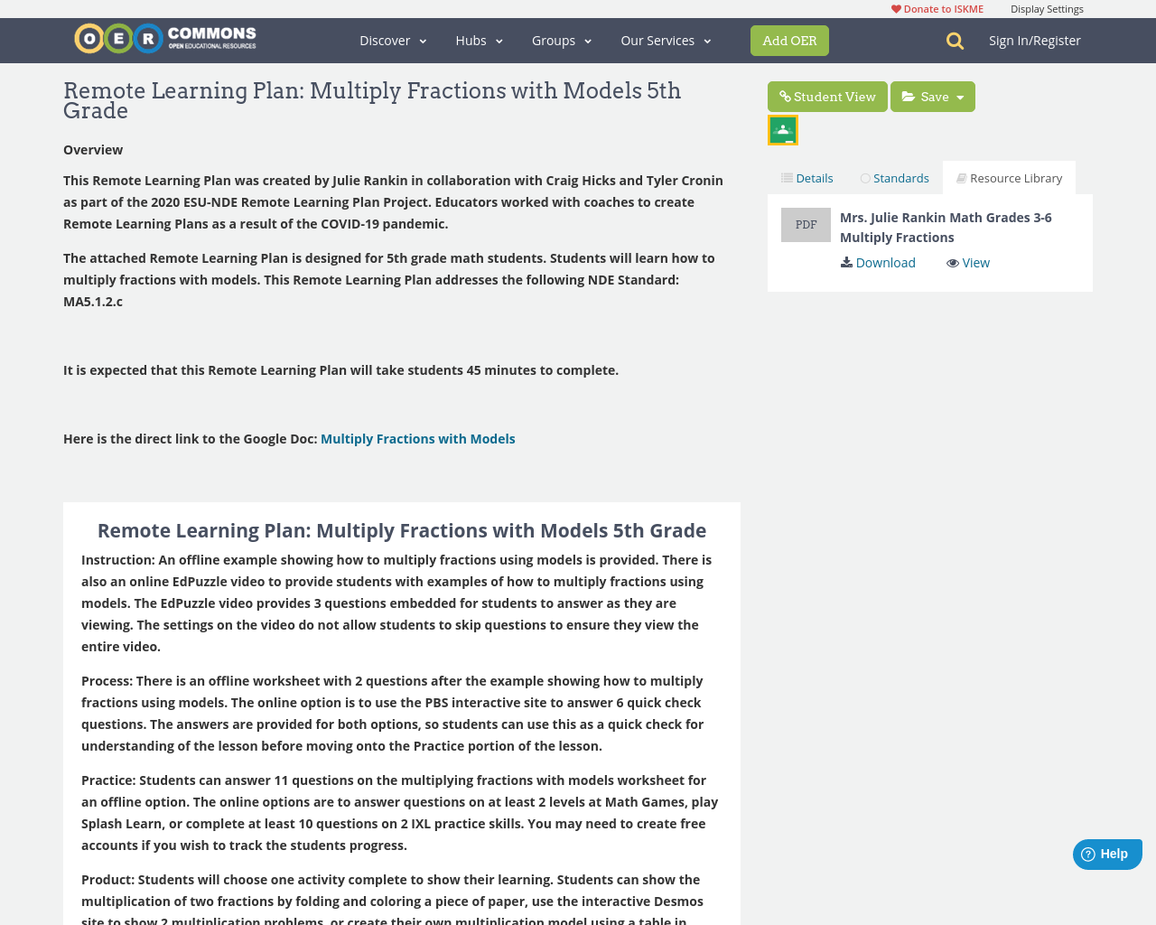 Remote Learning Plan: Multiply Fractions with Models 5th Grade | OER ...