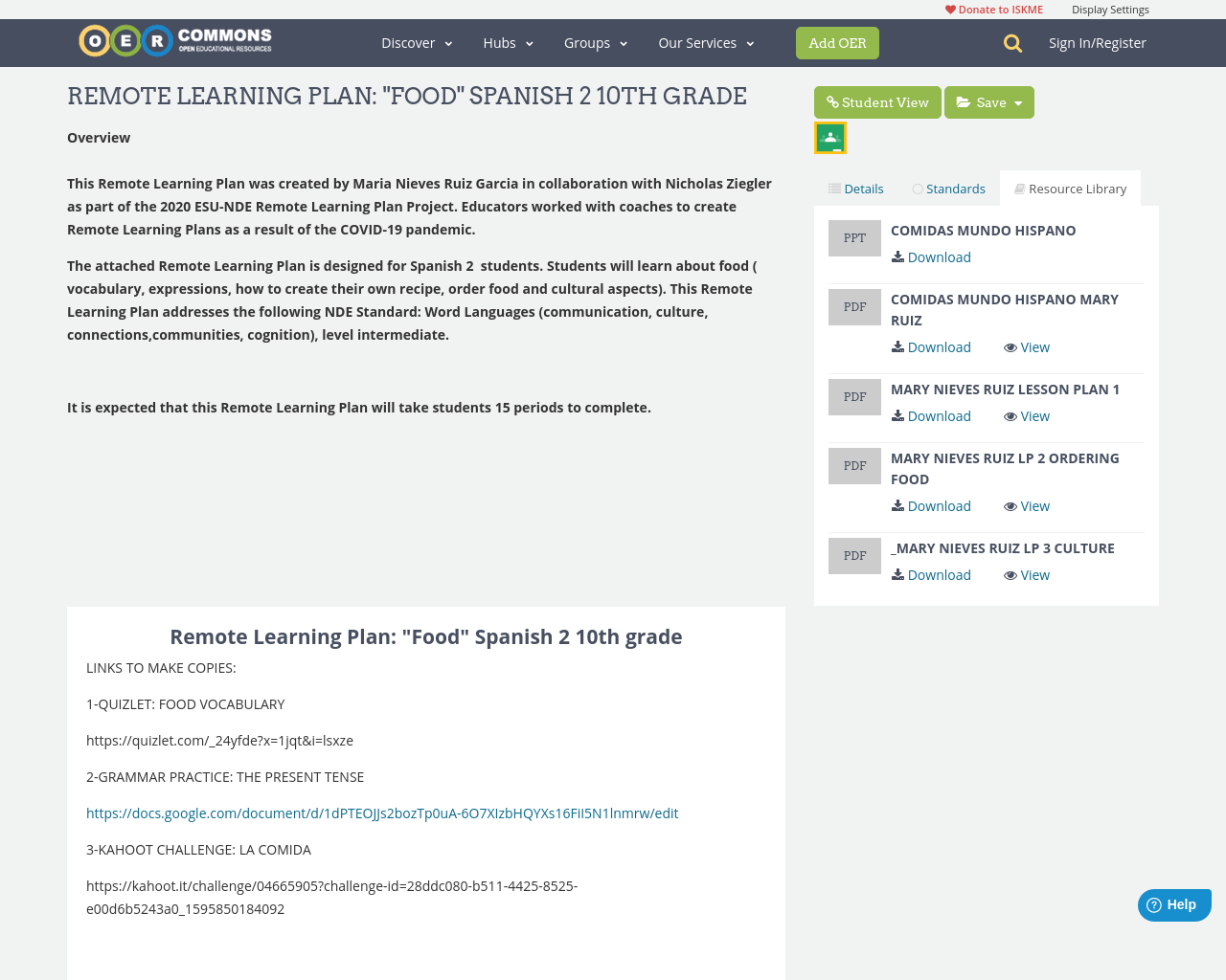 REMOTE LEARNING PLAN: "FOOD" SPANISH 2 10TH GRADE | OER Commons
