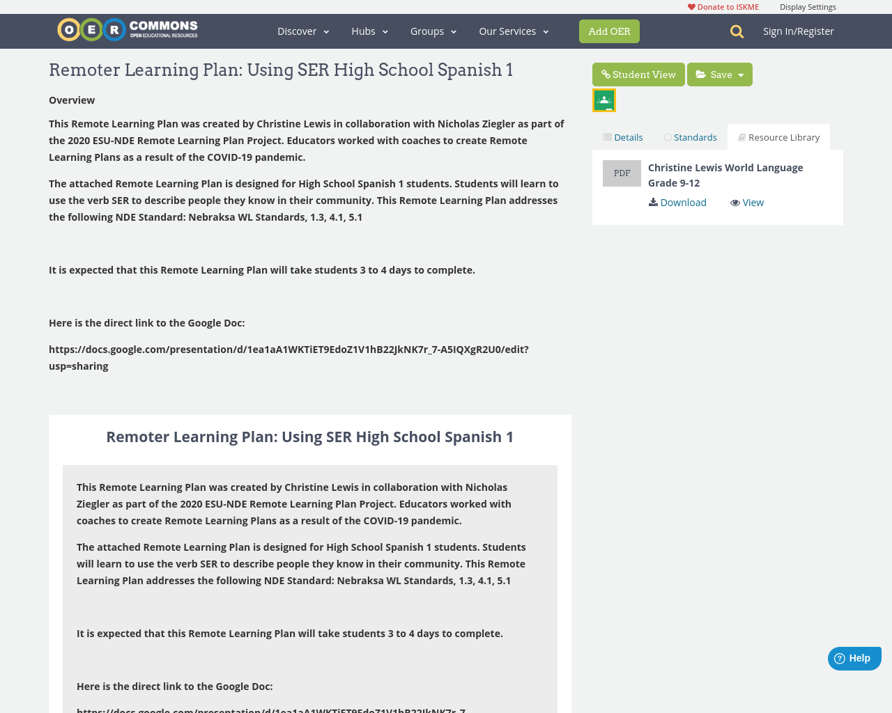 Remoter Learning Plan: Using SER High School Spanish 1 | OER Commons