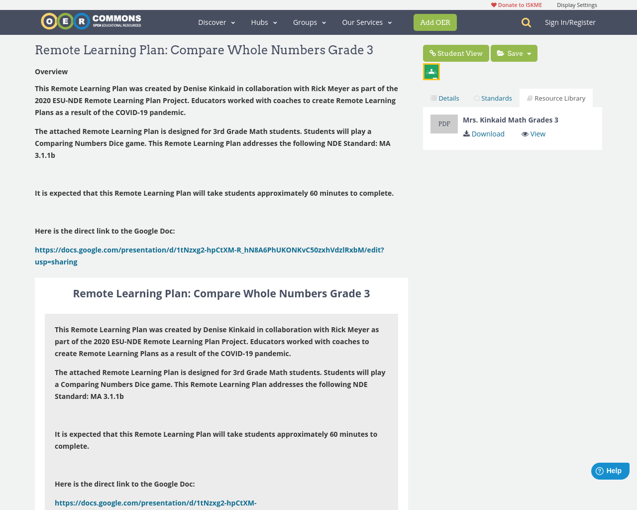 Remote Learning Plan: Compare Whole Numbers Grade 3 | OER Commons