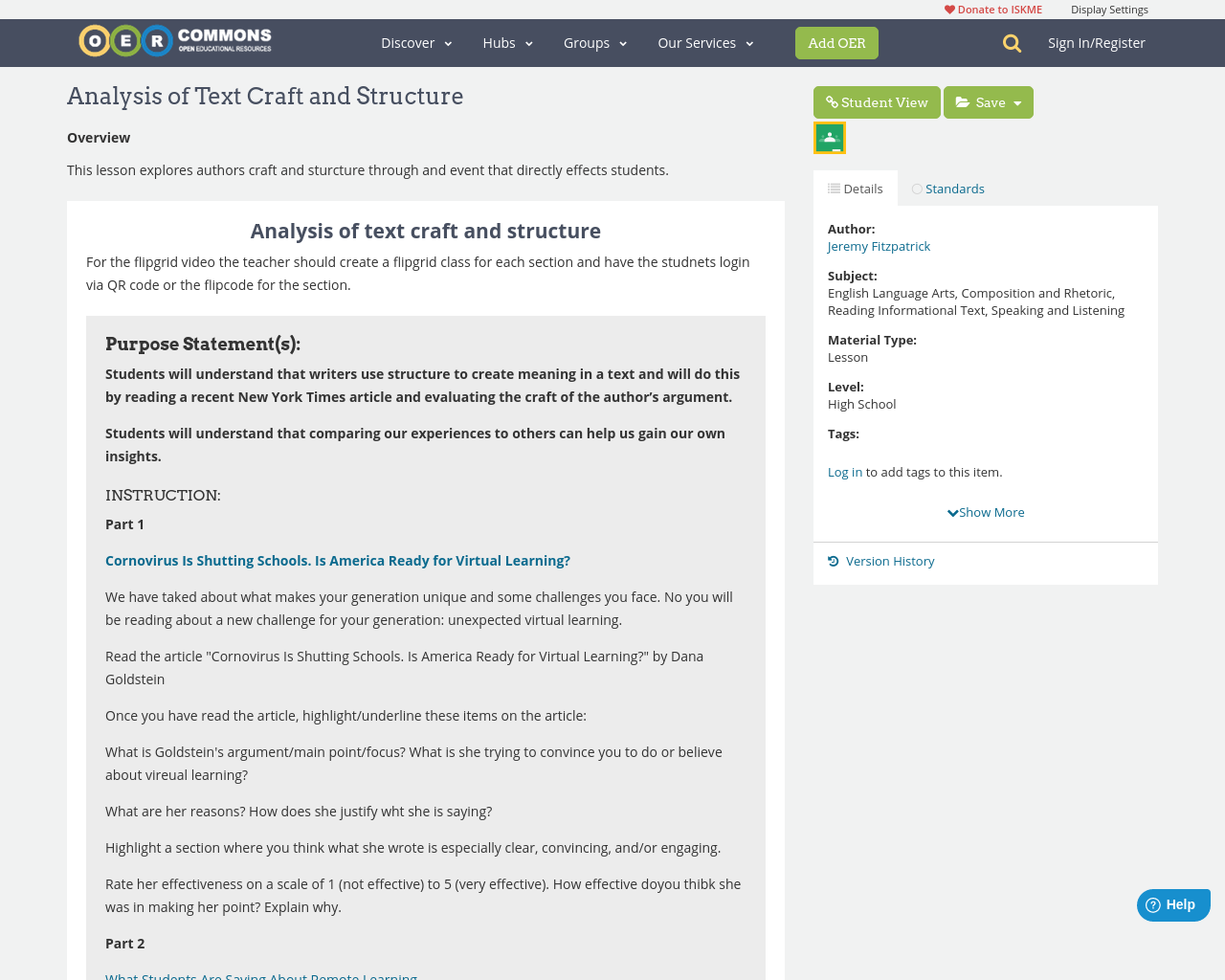 Analysis of Text Craft and Structure | OER Commons