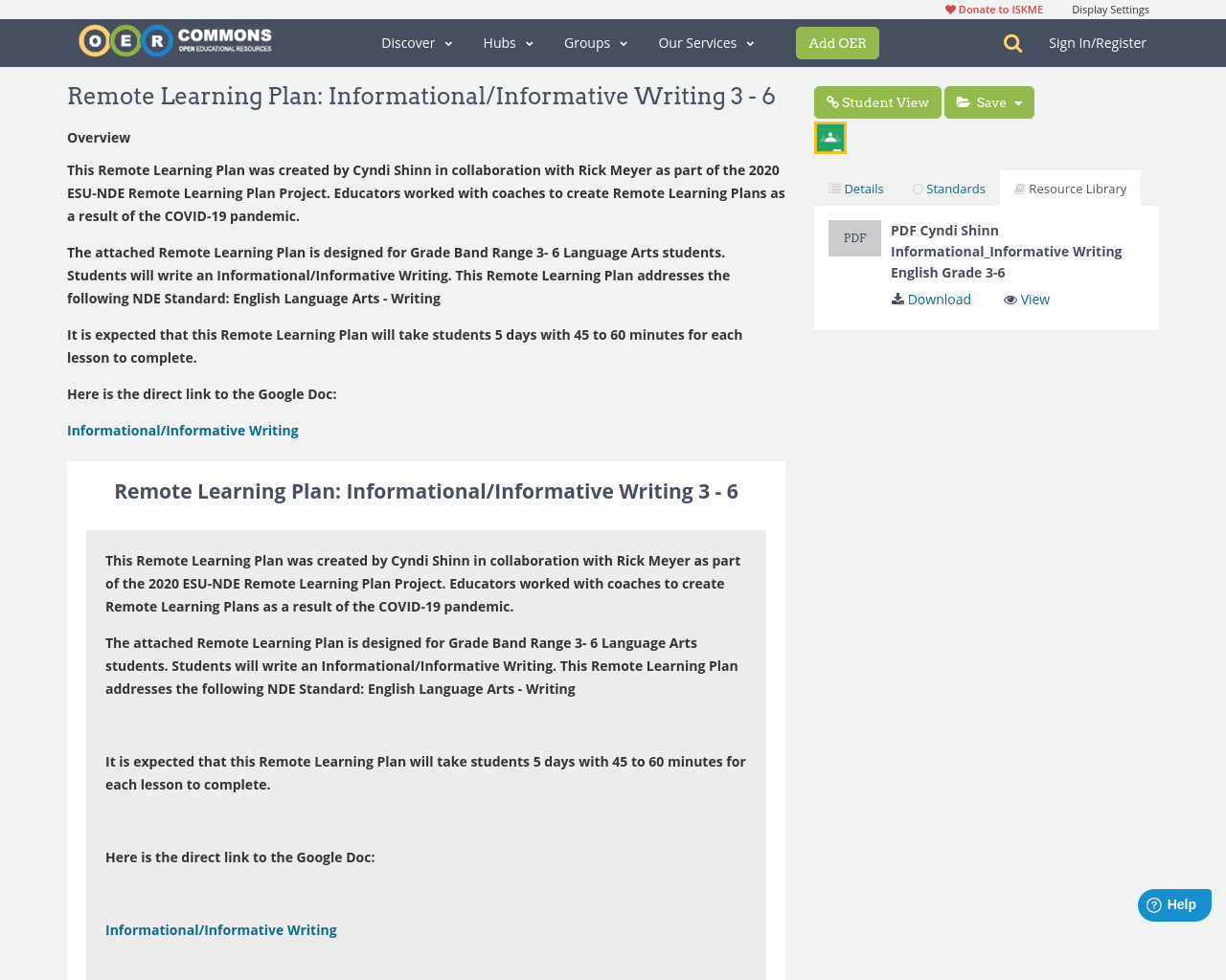 Remote Learning Plan: Informational/Informative Writing 3 - 6 | OER Commons