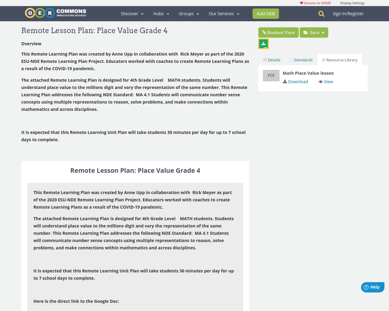 Remote Lesson Plan: Place Value Grade 4 | OER Commons