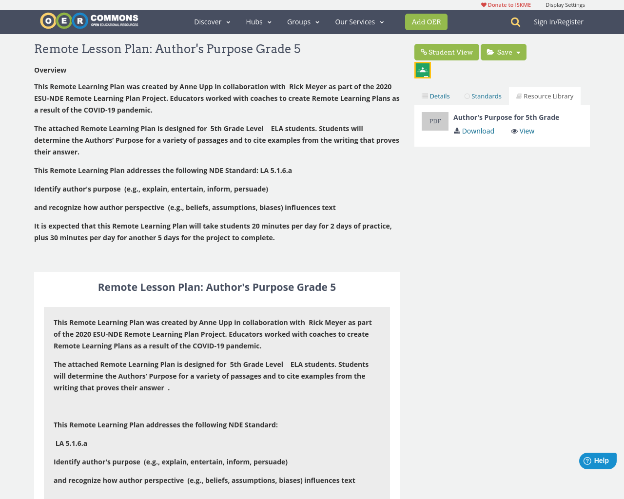 Remote Lesson Plan: Author's Purpose Grade 5 | OER Commons