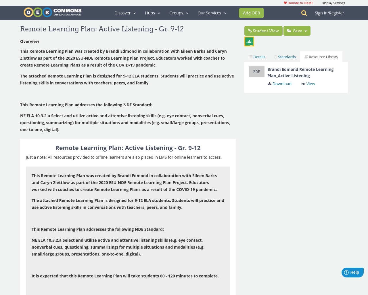 Remote Learning Plan: Active Listening - Gr. 9-12 | OER Commons