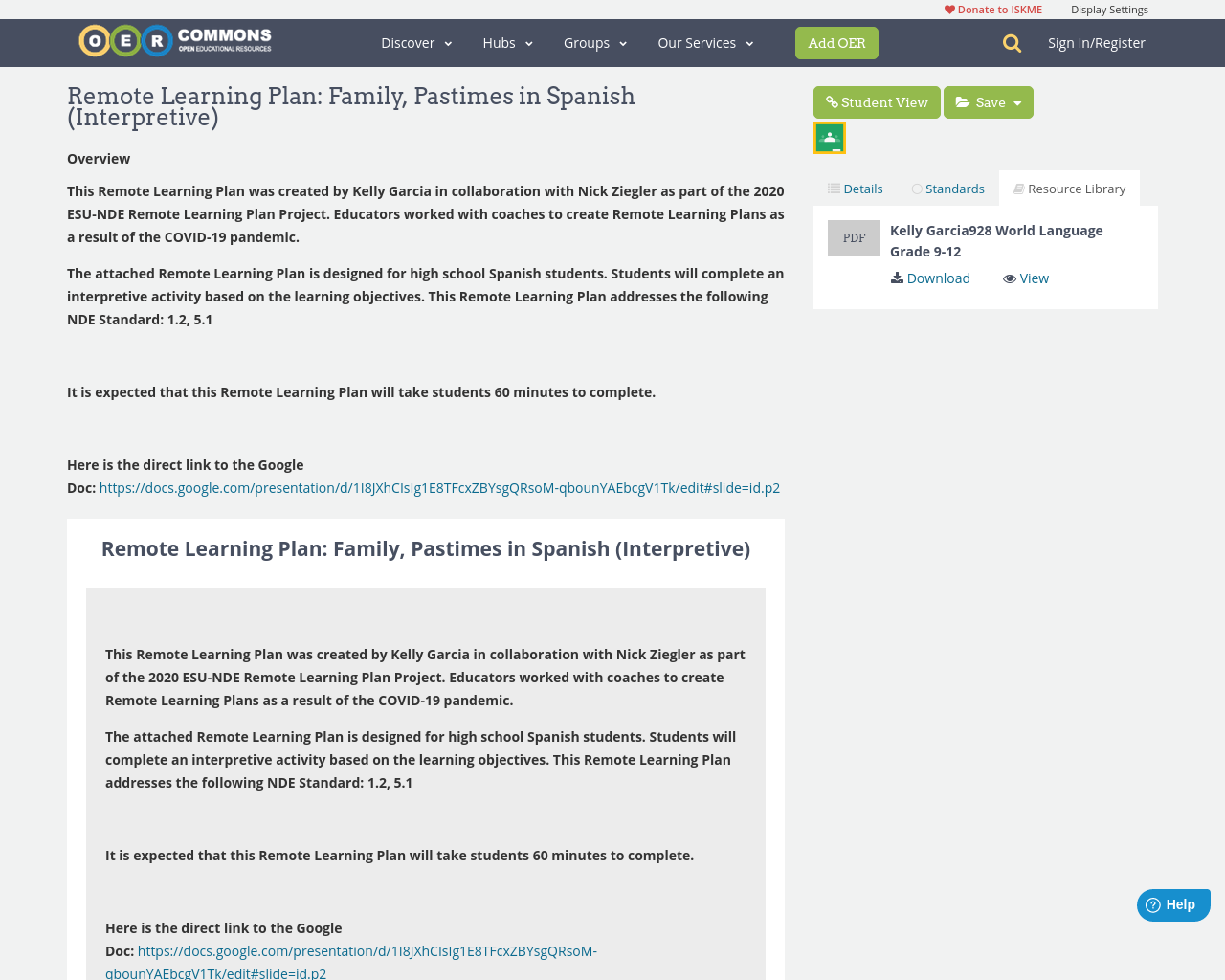 Remote Learning Plan: Family, Pastimes in Spanish (Interpretive) | OER ...