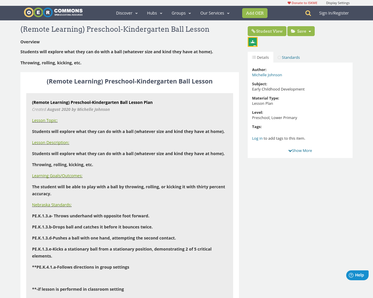 (Remote Learning) Preschool-Kindergarten Ball Lesson | OER Commons