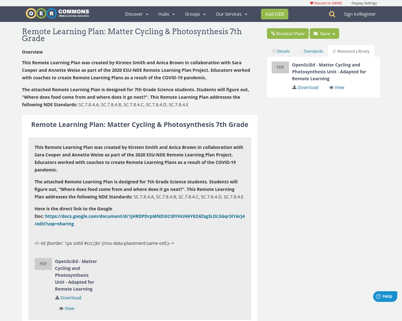 Remote Learning Plan: Matter Cycling & Photosynthesis 7th Grade | OER ...