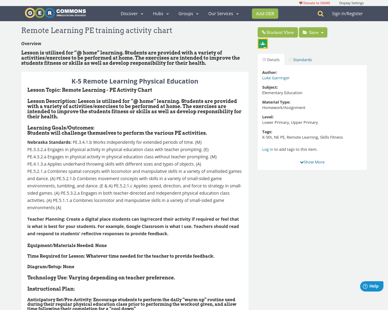 Remote Learning PE training activity chart | OER Commons