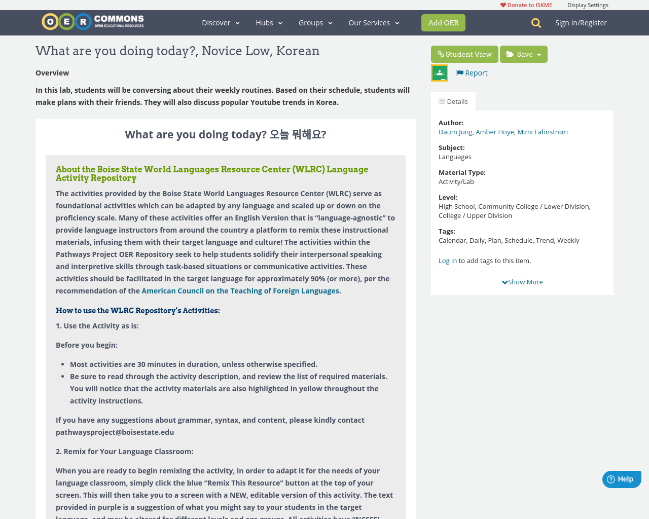 What are you doing today?, Novice Low, Korean | OER Commons