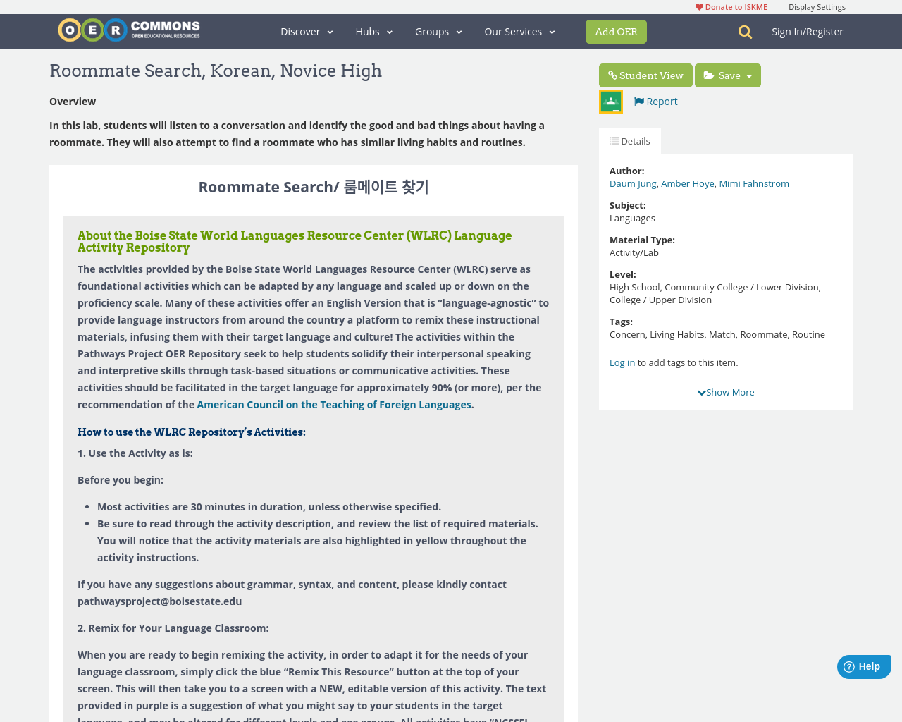 Roommate Search, Korean, Novice High | OER Commons