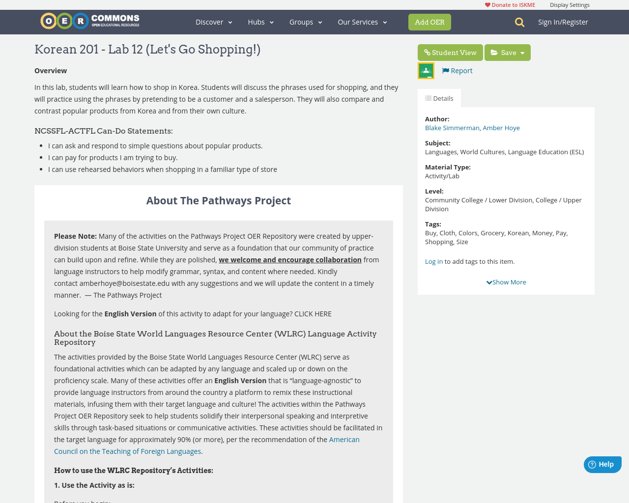 Korean 201 - Lab 12 (Let's Go Shopping!) | OER Commons