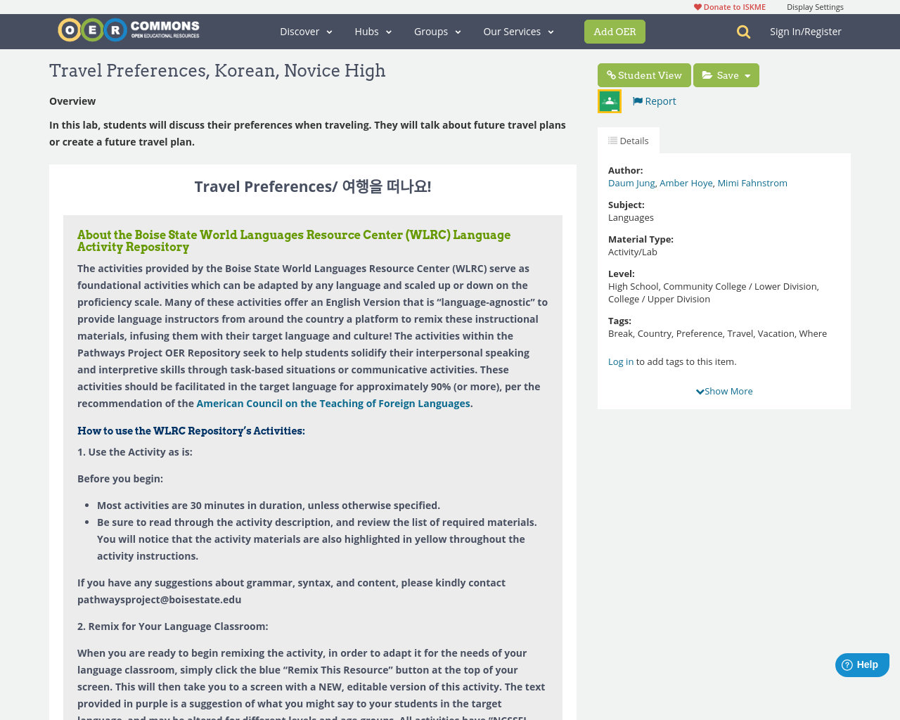 Travel Preferences, Korean, Novice High | OER Commons