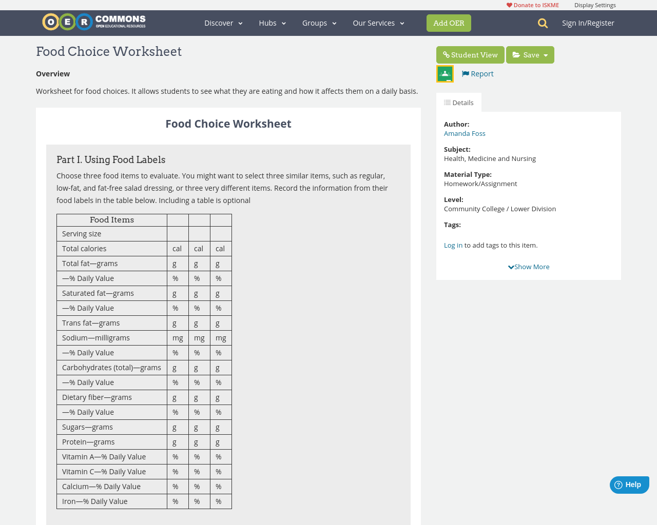 Food Choice Worksheet | OER Commons