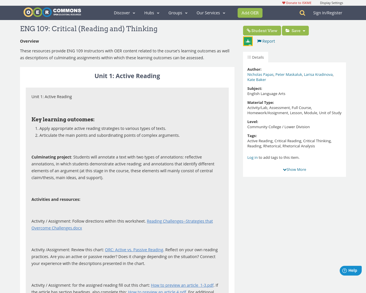 ENG 109: Critical (Reading and) Thinking | OER Commons