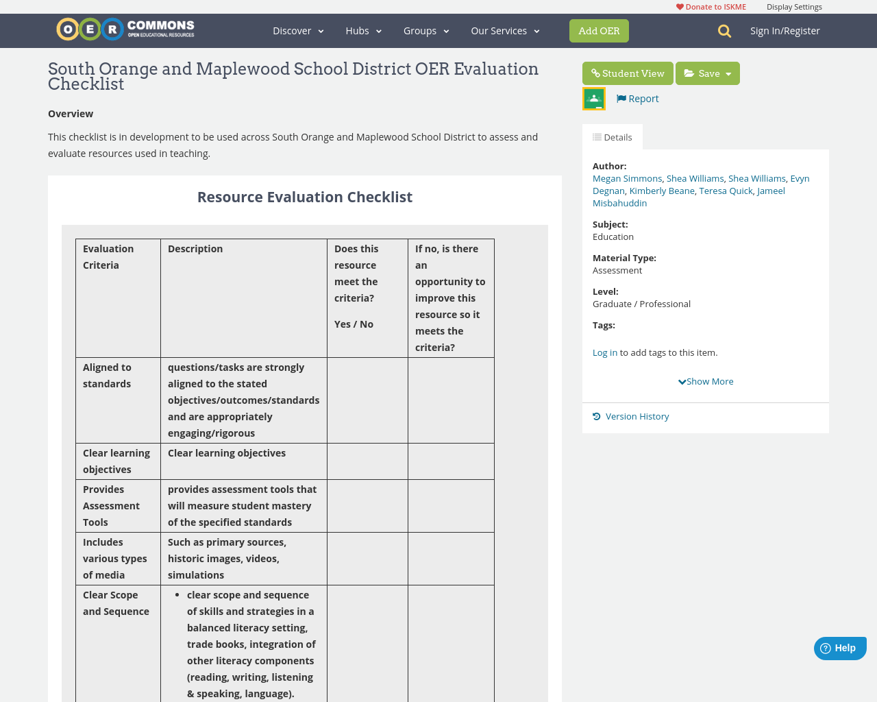 South Orange and Maplewood School District OER Evaluation Checklist ...