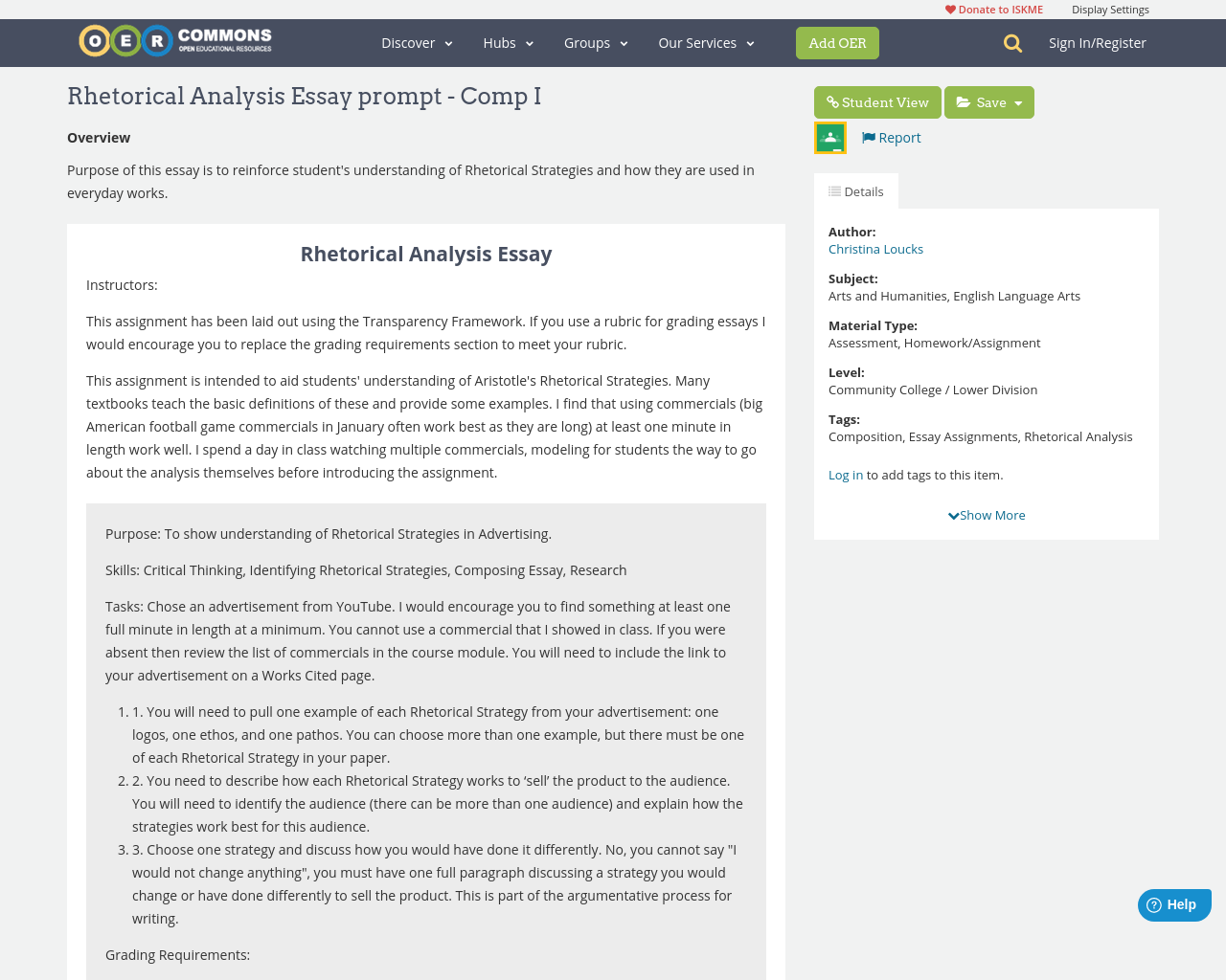 Rhetorical Analysis Essay prompt - Comp I | OER Commons