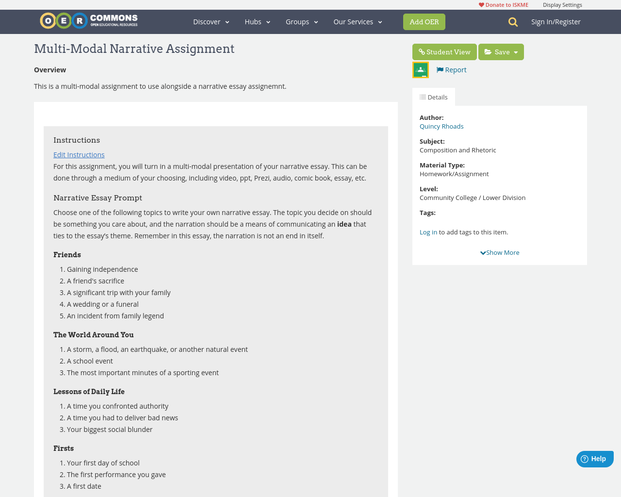 Multi-Modal Narrative Assignment | OER Commons
