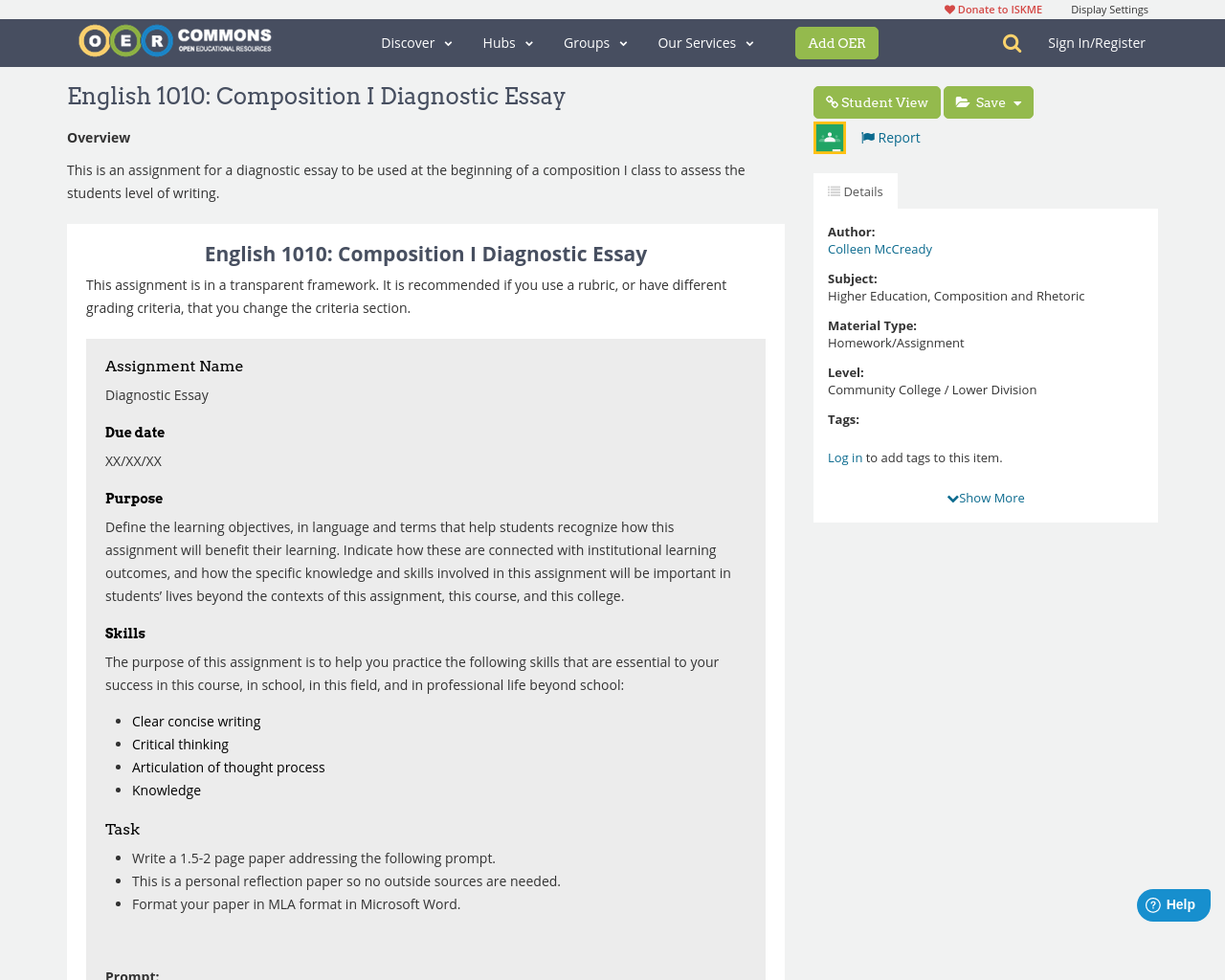 English 1010: Composition I Diagnostic Essay | OER Commons