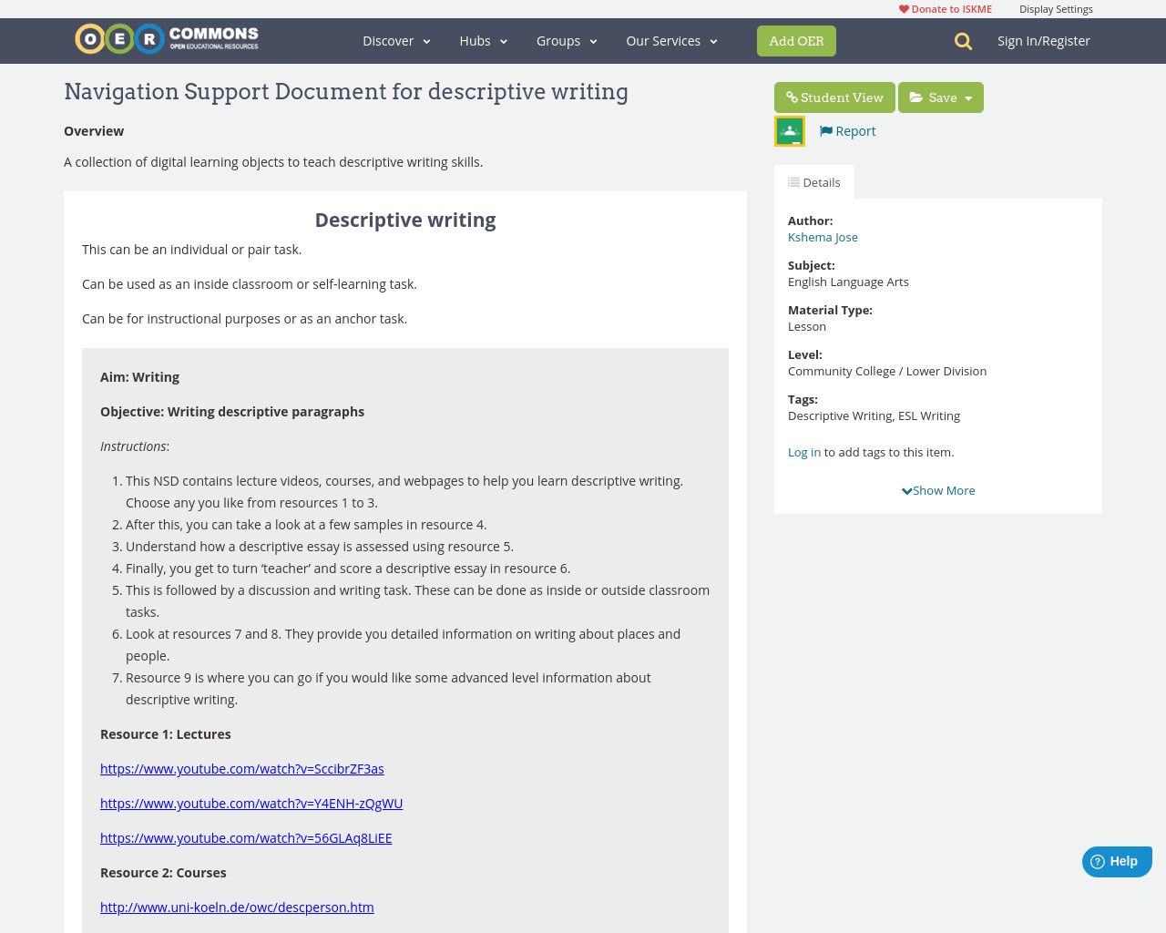 Navigation Support Document for descriptive writing | OER Commons