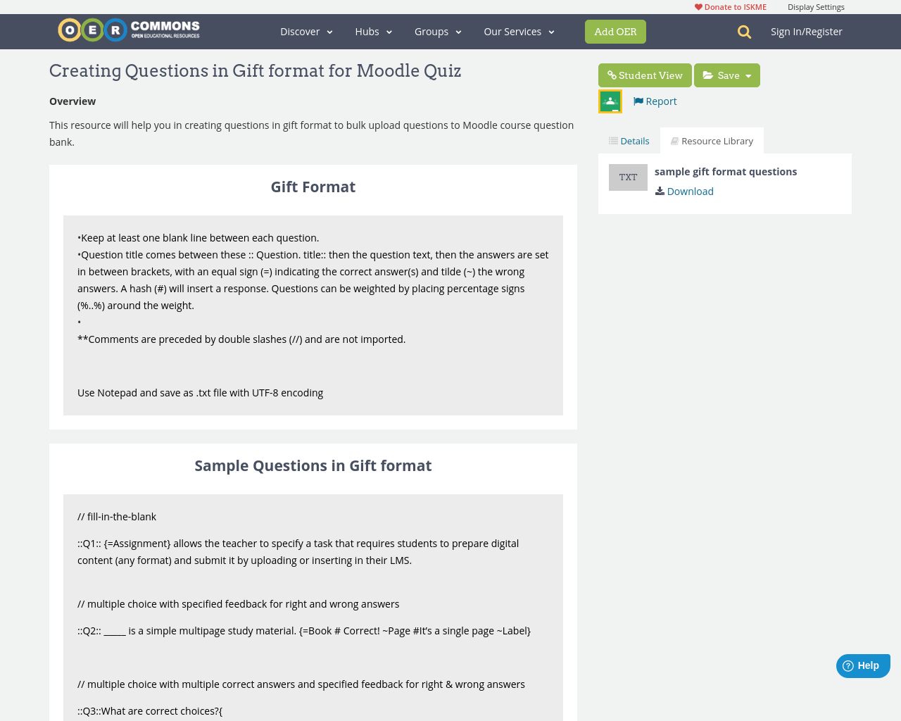 Creating Questions in Gift format for Moodle Quiz | OER Commons