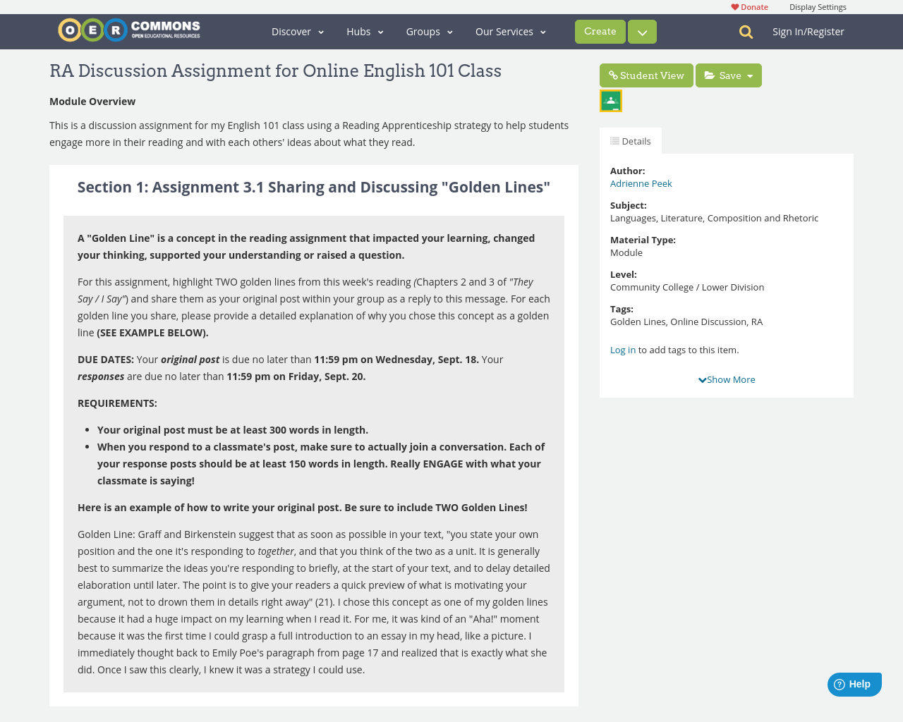 RA Discussion Assignment for Online English 101 Class | OER Commons