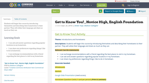 Get to Know You! , Novice High, English Foundation | OER Commons