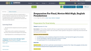 Preparation For Final, Novice Mid-High, English Foundations | OER Commons