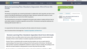 Remote Learning Plan: Standard, Expanded, Word Form 5th Grade | OER Commons